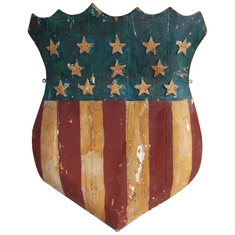 American Hand-Carved and Painted Patriotic Shield with Raised Stars ...