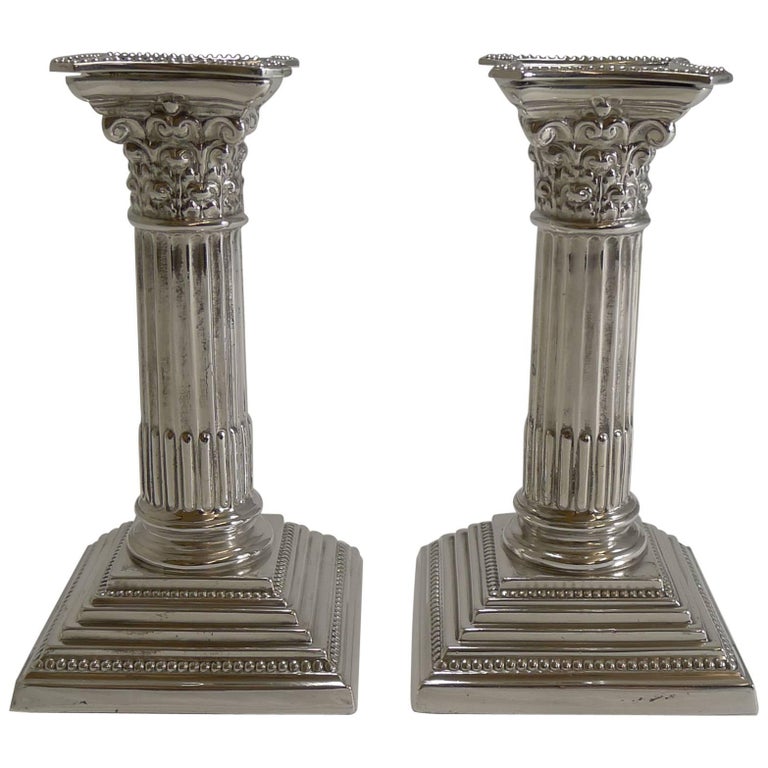 Pair of Antique English Corinthian Column Candlesticks, circa 1900 ...