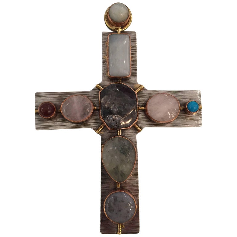 Large Cross Made of Three Metals and Stones For Sale at 1stDibs