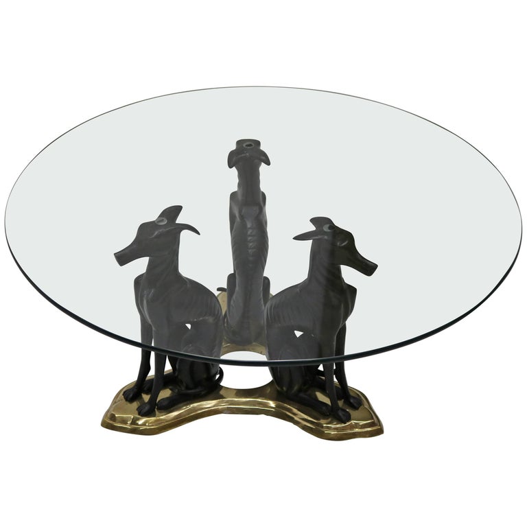 Three Bronze Greyhounds with a Glass Top Coffee Table by Maitland Smith ...