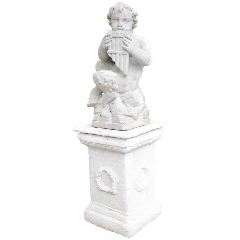 Vintage Cast Stone Cherub with Musical Instrument at 1stDibs