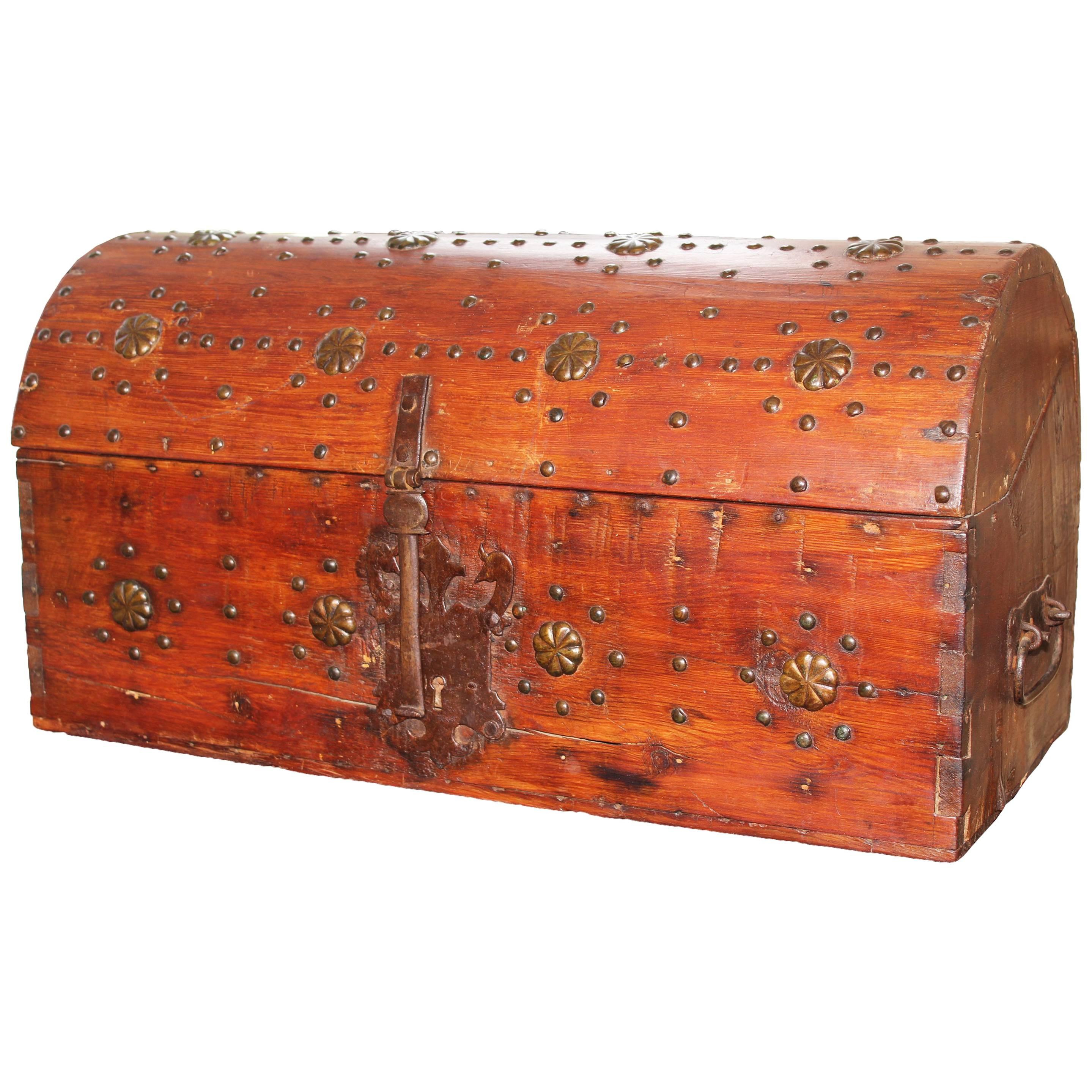 18th Century Colonial Wooden Chest with Relief Carvings and Iron ...