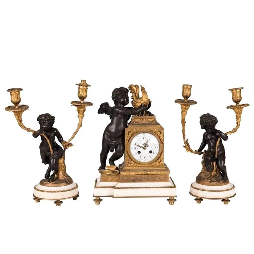 French Table Clock. Bronze, Brass and Green Marble, Mid 1800s For Sale ...