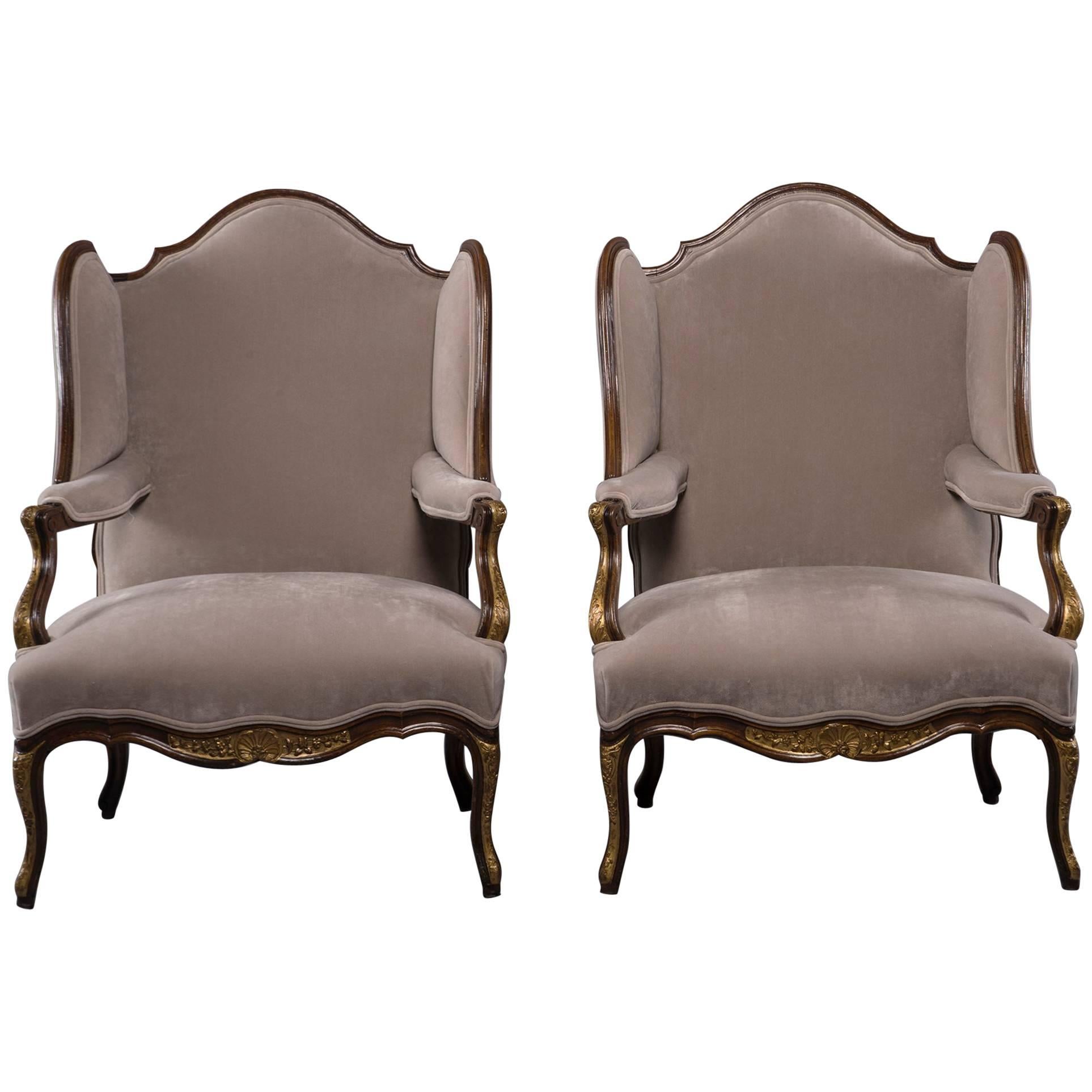 Pair of French Walnut Wing Chairs with Gilt Detailing at 1stDibs