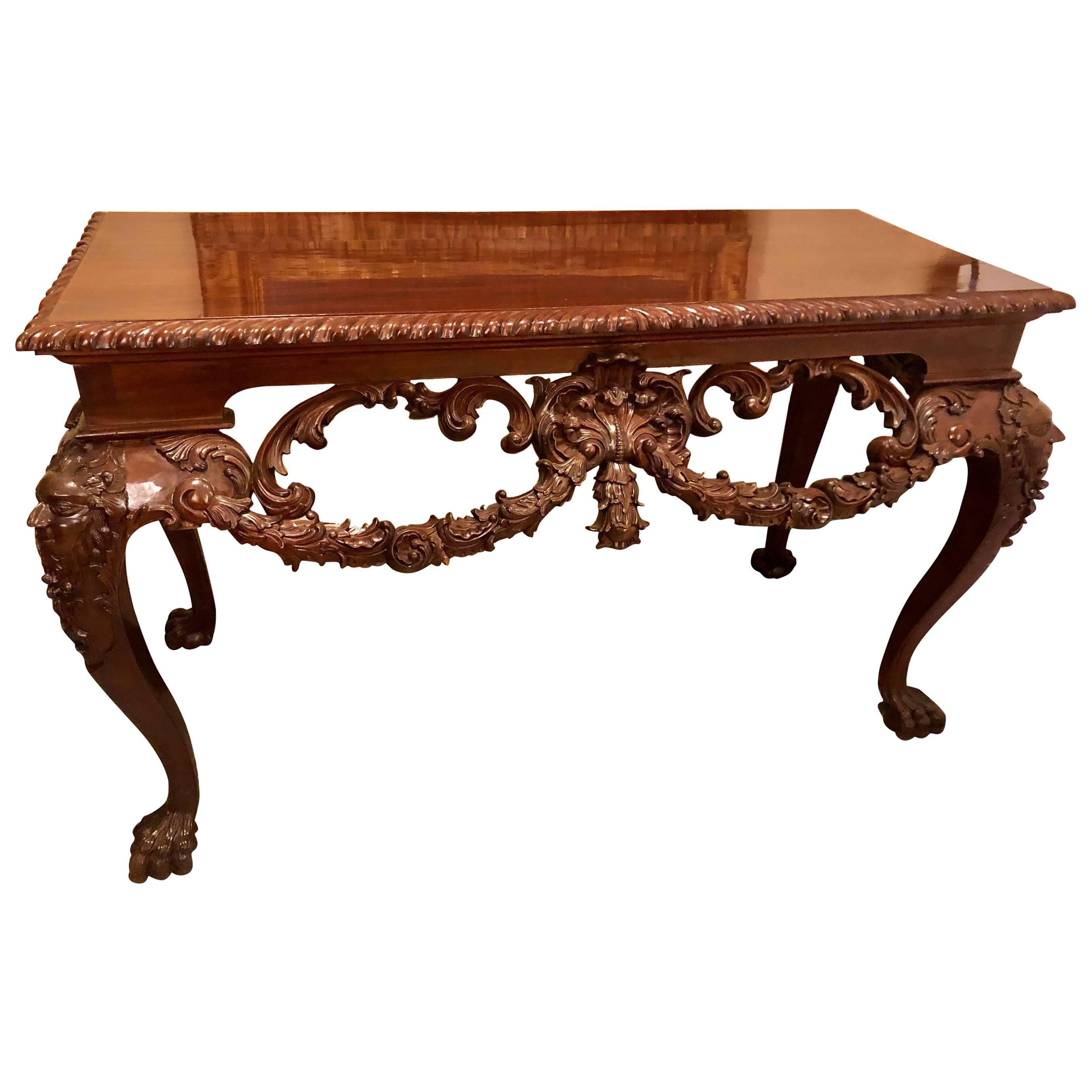 Chippendale Style Carved Mahogany Glass Top Console Table w Ball Claw ...