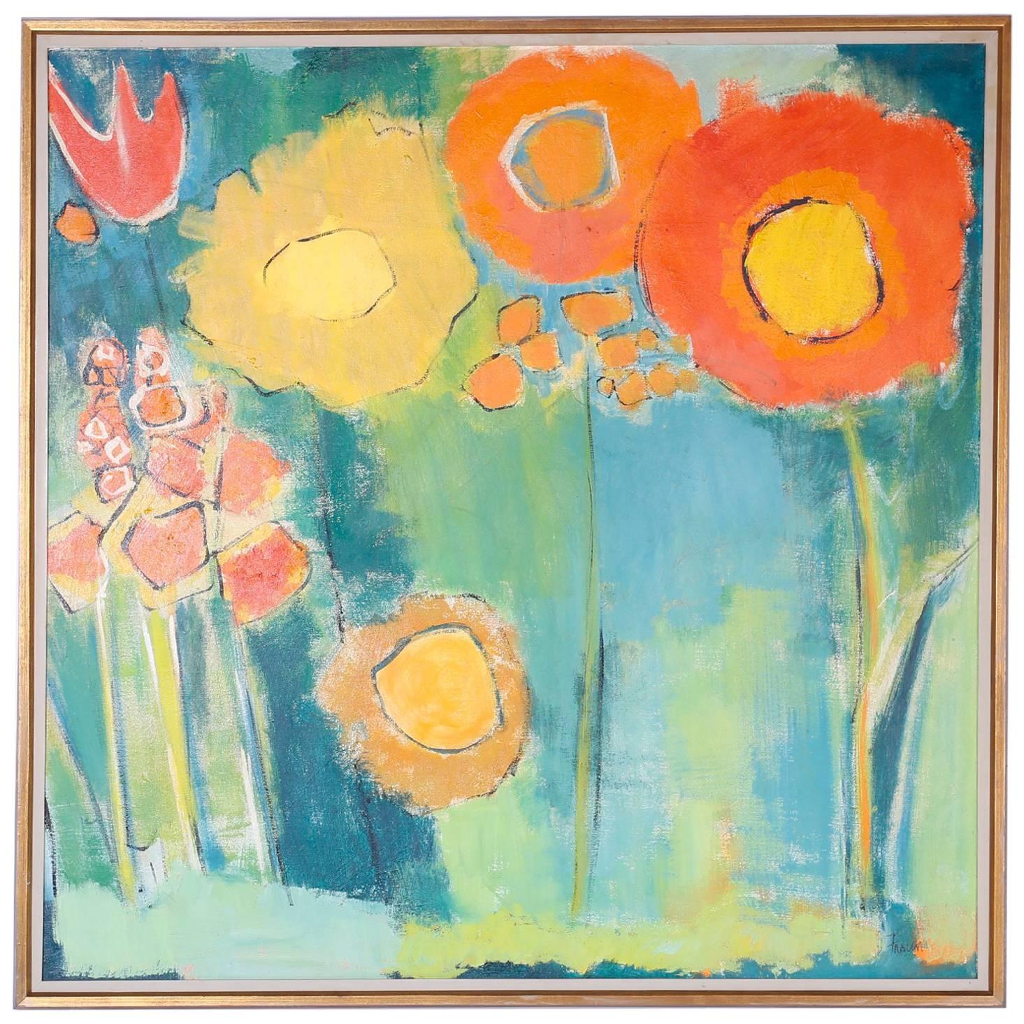 Midcentury Modernist Flower Power Painting on Canvas at 1stDibs