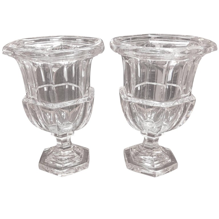 Pair of Water Clear Crystal Panel Cut Urns For Sale at 1stDibs