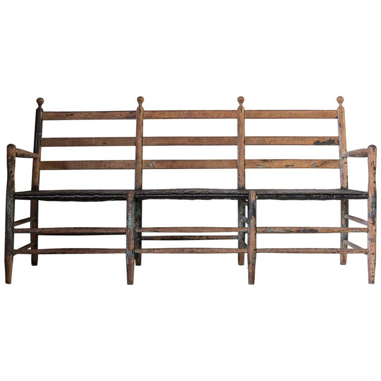 Rustic Ladder Back Bench with Spindle Details and Black Rush Seat at ...