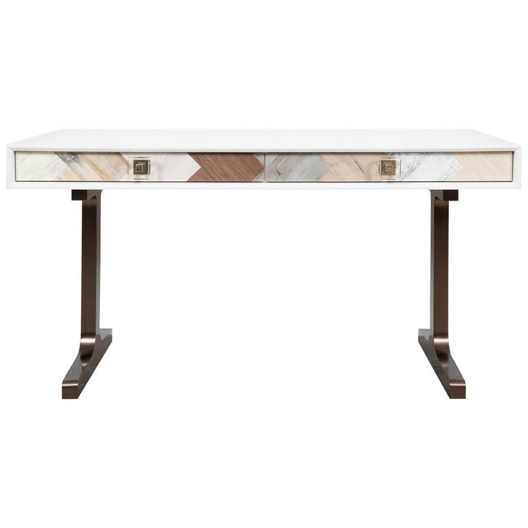 White Desk with Walnut, Hickory and Oak Reclaimed Woods Accents Copper ...