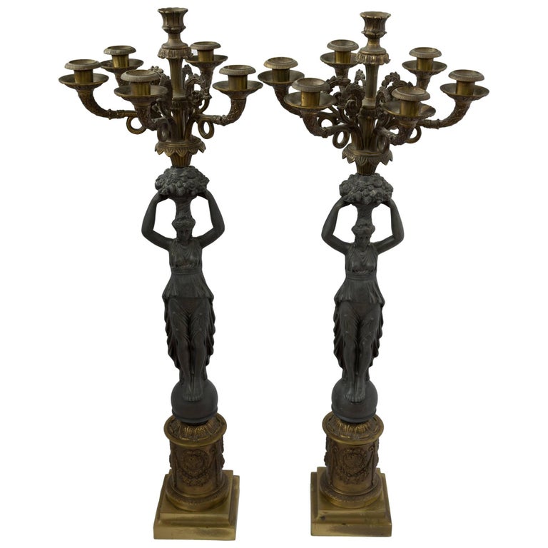 19th Century Bronze Grecian Goddess Six-Arm Candelabra, Pair at 1stDibs