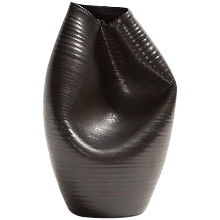 Ceramic Black Collapsed Vase, Interior Sculpture or Vessel, Objet D'Art ...