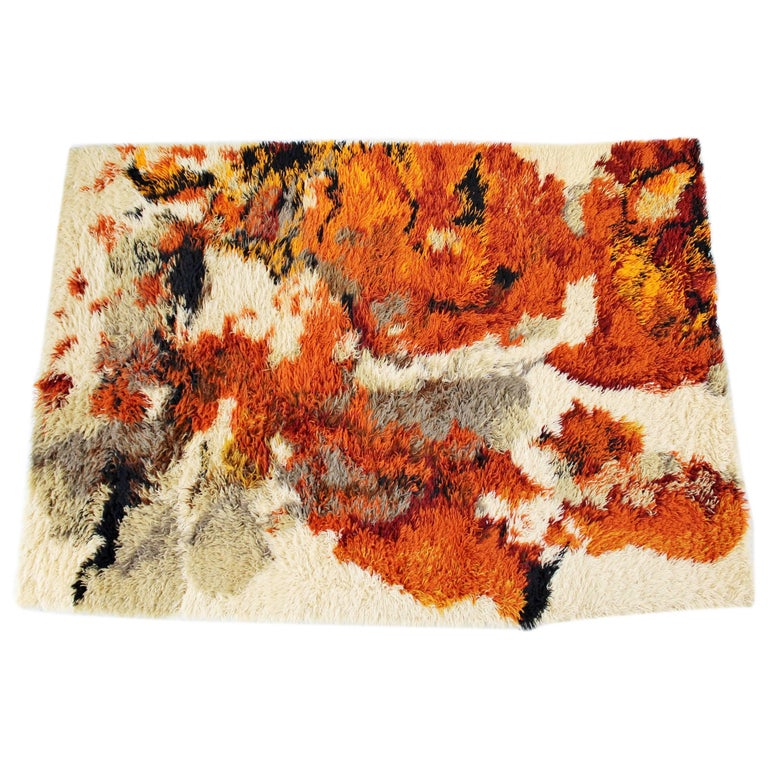 Mid-Century Modern Orange Red Gray Shag Rya Area Rug Carpet, 1970s at ...