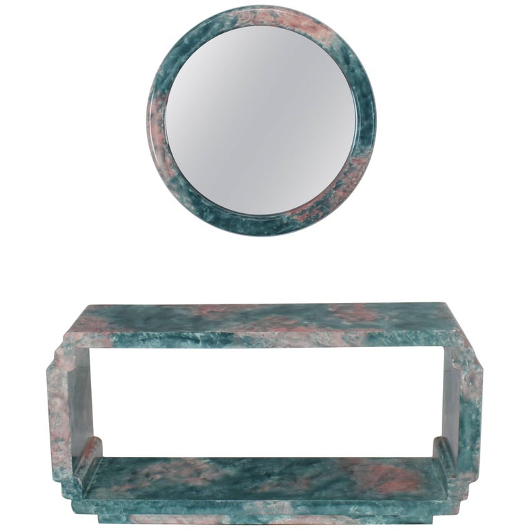 Round Mirror Console Table Marbleized Lacquered Finish Faux Marble For ...