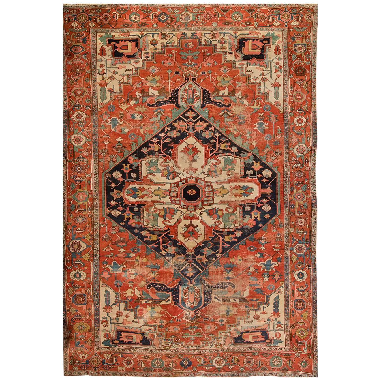 Antique Rust and Blue Persian Distress Floral Medallion Carpet For Sale ...