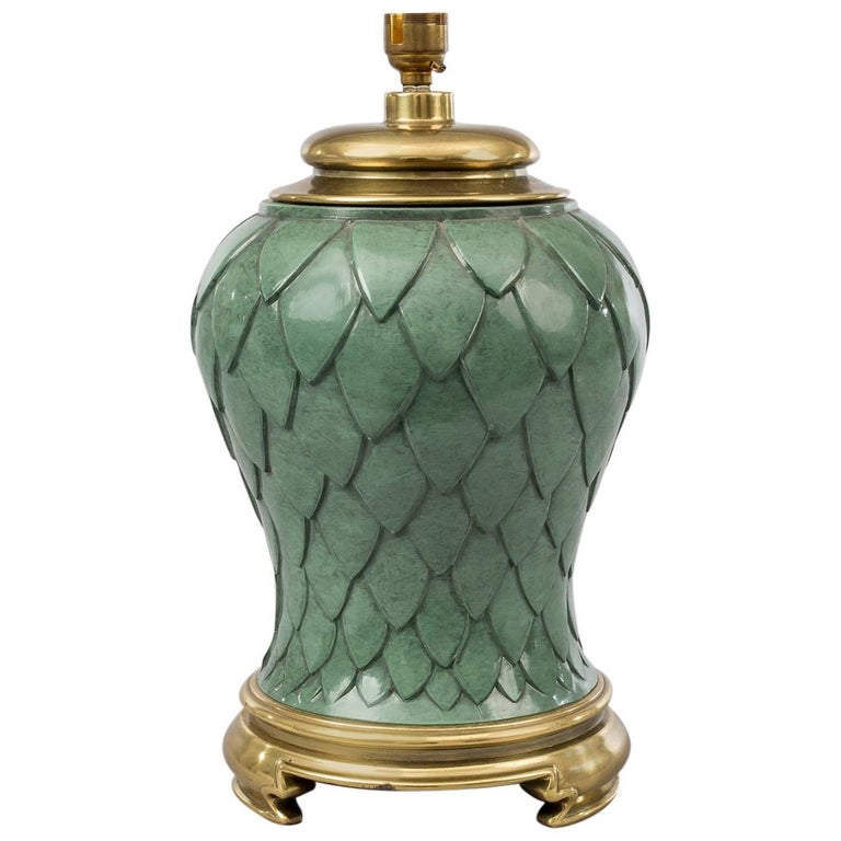 French Green Enamel and Brass Lamp For Sale at 1stDibs