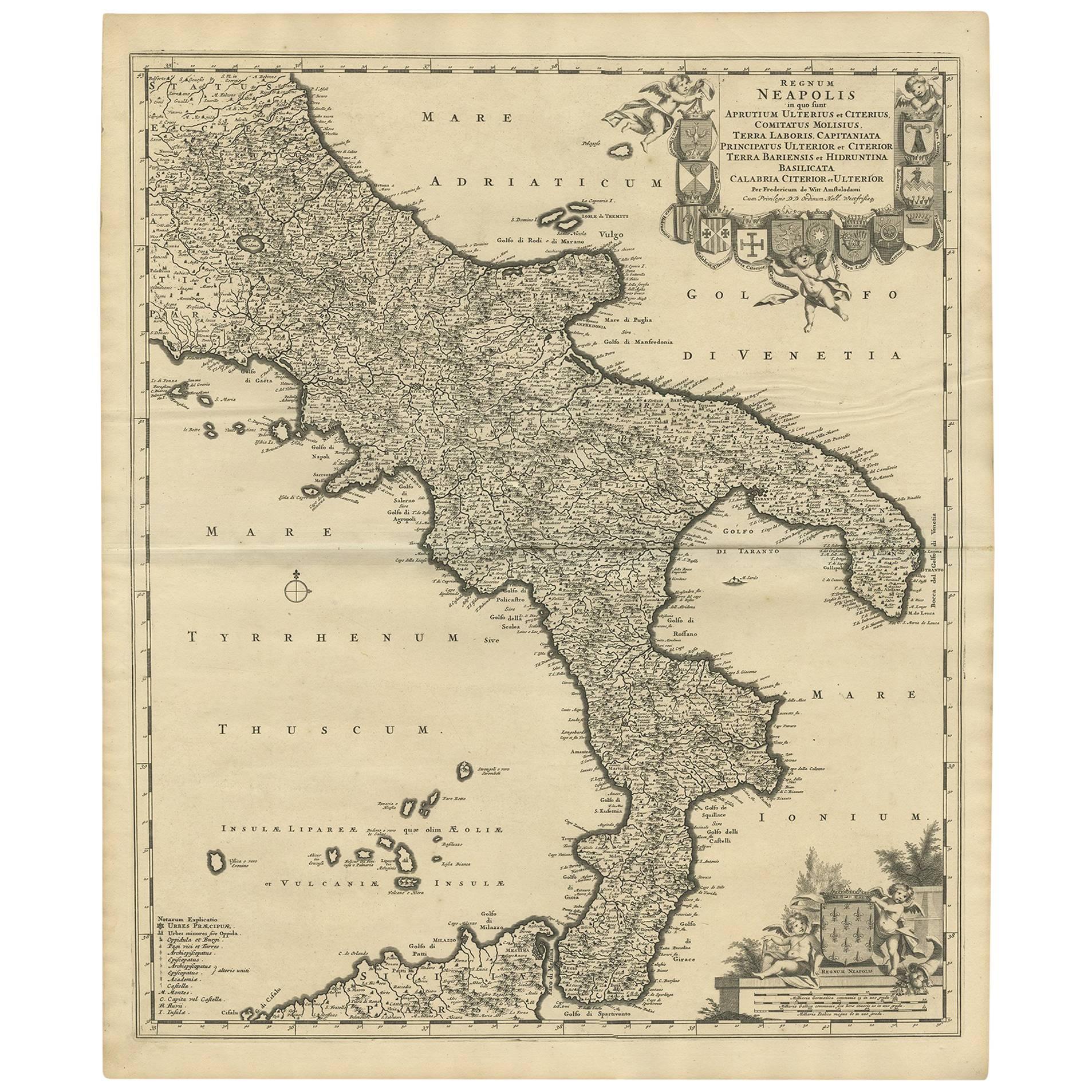 Antique Map of Naples Italy by F. de Wit, circa 1690 at 1stDibs
