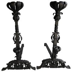 Pair of French Modern 'Keyhole' Forged Iron Andirons For Sale at 1stDibs