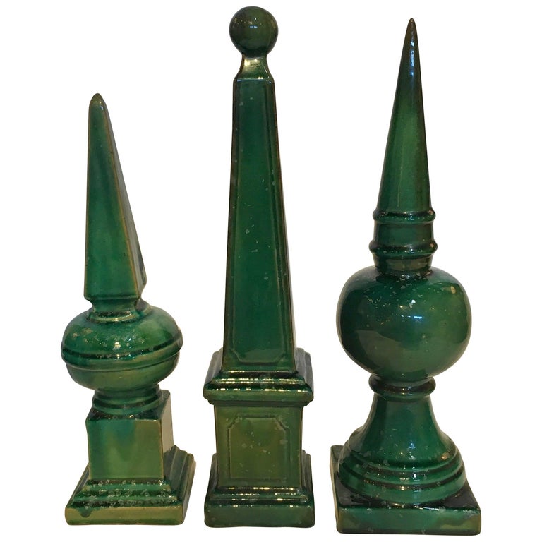 Green Glazed Ceramic Obelisks, Set of Three at 1stDibs