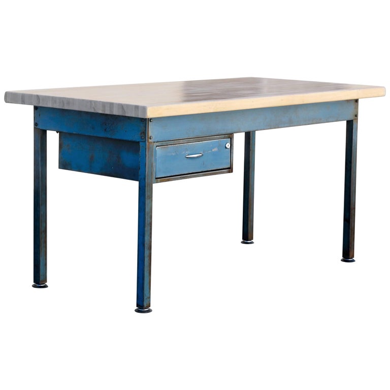 1960s Industrial Steel Workbench with Blue Patina at 1stDibs