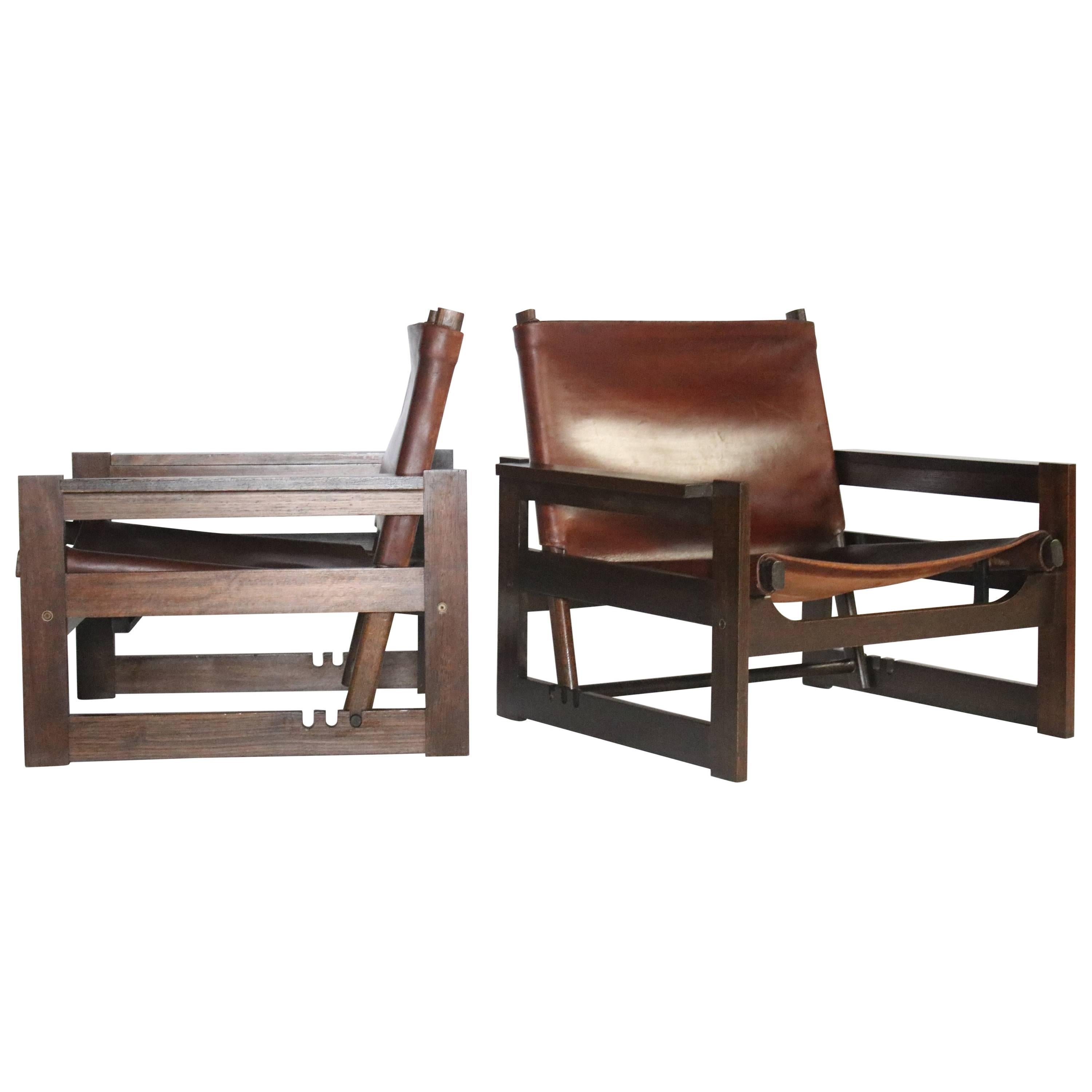 Brazilian Modern Jacaranda and Saddle Leather Sling Chairs at 1stDibs