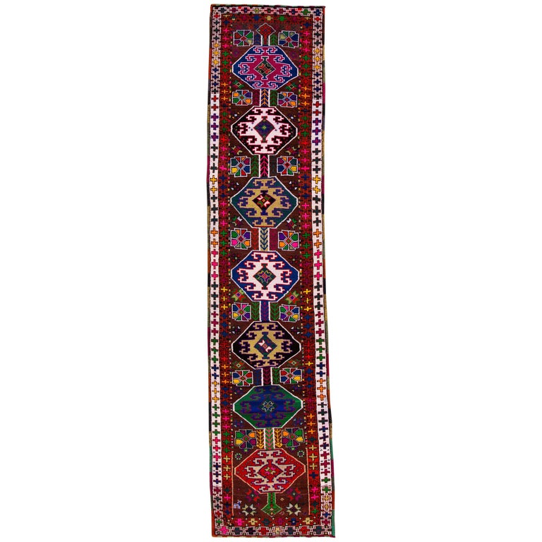 Vintage Brown Tribal Turkish Runner Rug For Sale at 1stDibs