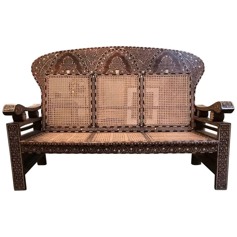 Indian Cane and Inlaid Bench at 1stDibs