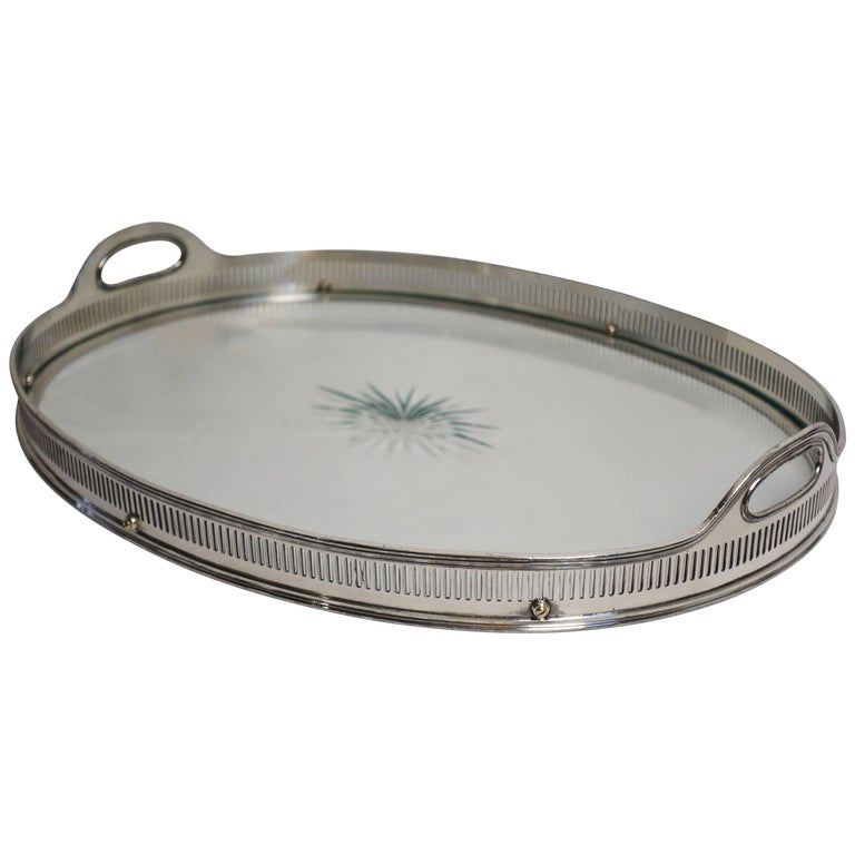 Silver Plated Oval Tray with Cut Glass Bottom at 1stDibs