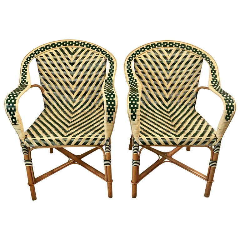 Pair of Mid Century French Armchairs, Two-Tone Wicker Rattan Chevron ...