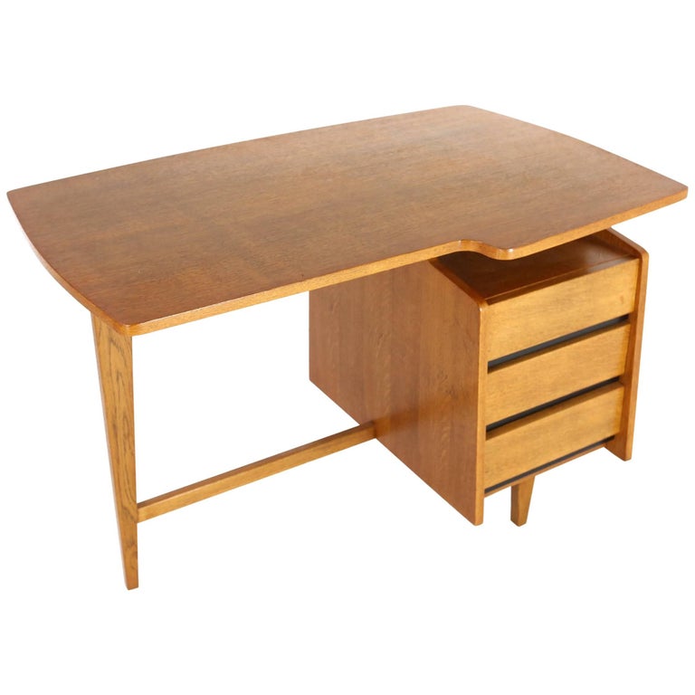 French Free-Form Desk by Jacques Hauville 1950s in Oak For Sale at 1stDibs