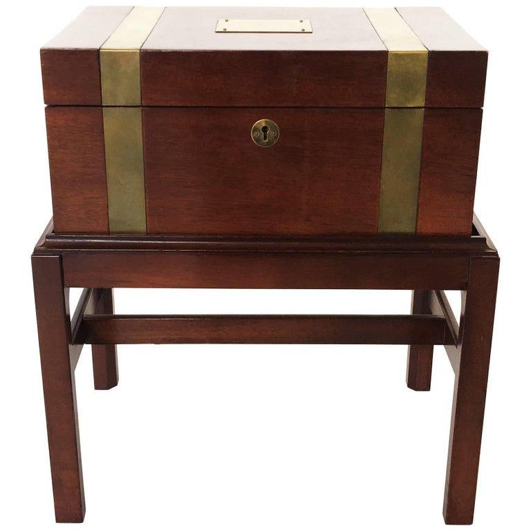 Antique Brass Inlay Campaign Style Box on Stand For Sale at 1stDibs