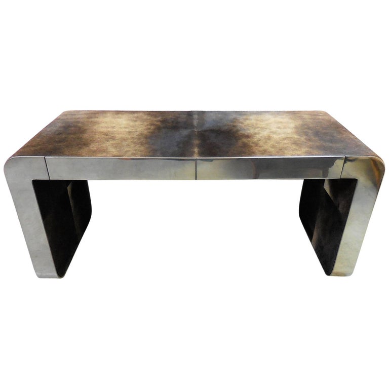 Gary Gutterman Polished Stainless Steel and Natural Hide Waterfall Desk ...