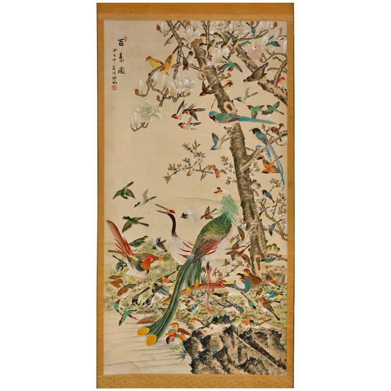 Chinese 100 Bird with Phoenix Hand-Painted Hanging Scroll at 1stDibs ...