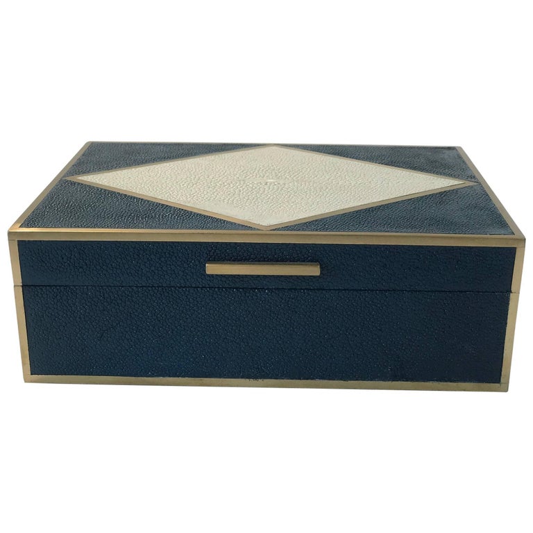 Navy Blue and natural Shagreen Box with Brass Inlay For Sale at 1stDibs