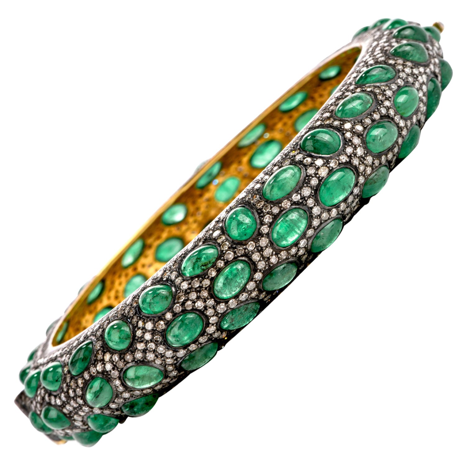 Emerald Diamond Silver Gold Bangle Bracelet For Sale at 1stDibs
