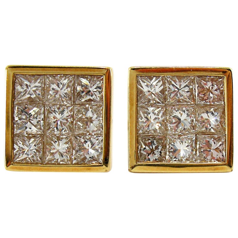 Invisible-Set Princess-Cut White Diamond 18 Karat Yellow Gold Stud ...