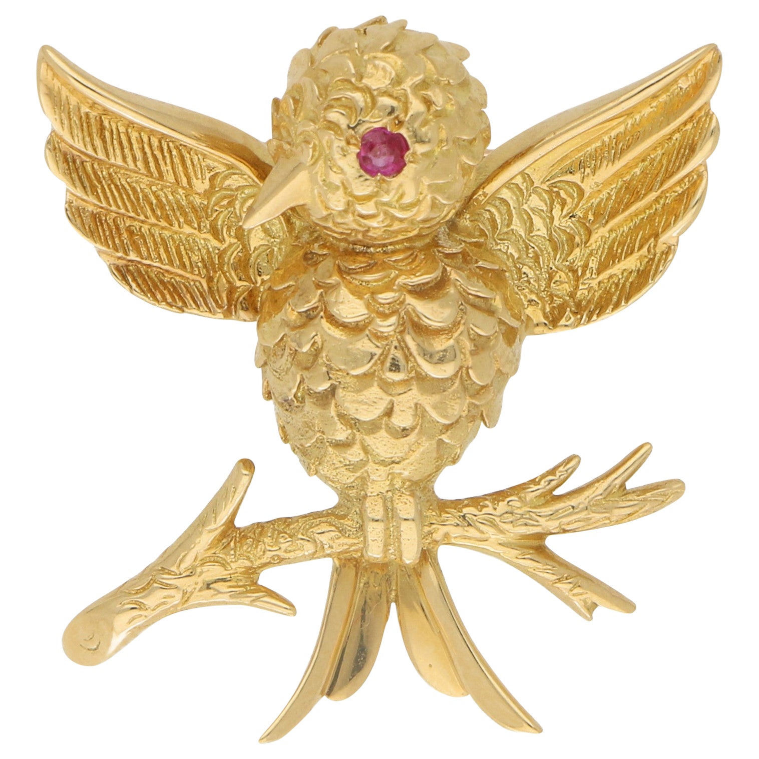 Robin Bird Ruby Eye Perched on Gold Branch Brooch Pin Fine Estate ...