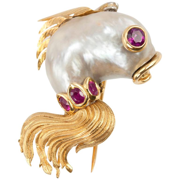 Cartier Pearl Ruby Gold Fish Brooch at 1stDibs
