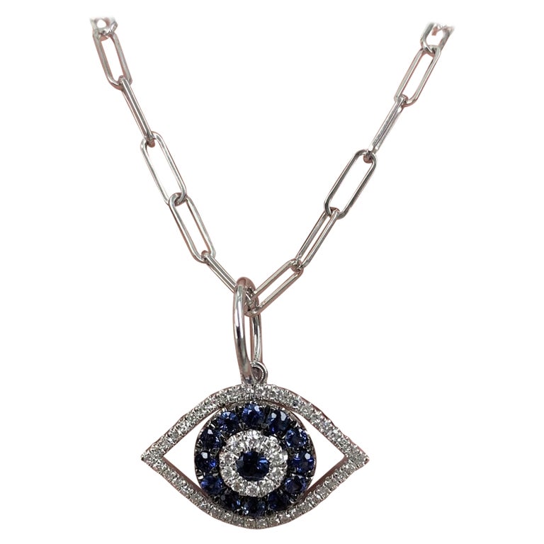 14 Karat White Gold 0.18 Carat Diamond and Sapphire Evil Eye Paperclip Necklace For Sale at 1stDibs