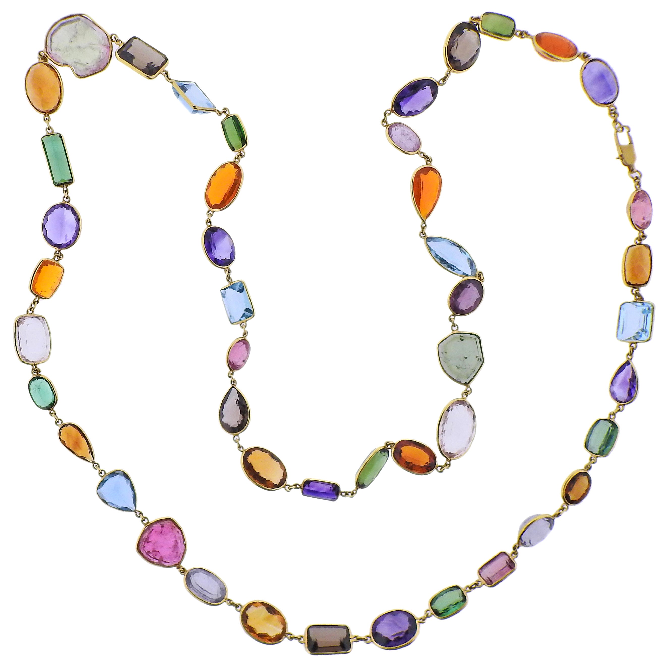 Multi-Color Gemstone Diamond Gold Necklace For Sale at 1stDibs