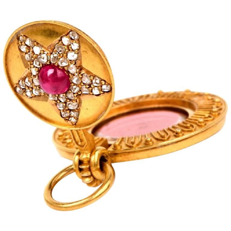 Antique Ruby Diamond Gold Star Locket Pendant at 1stDibs