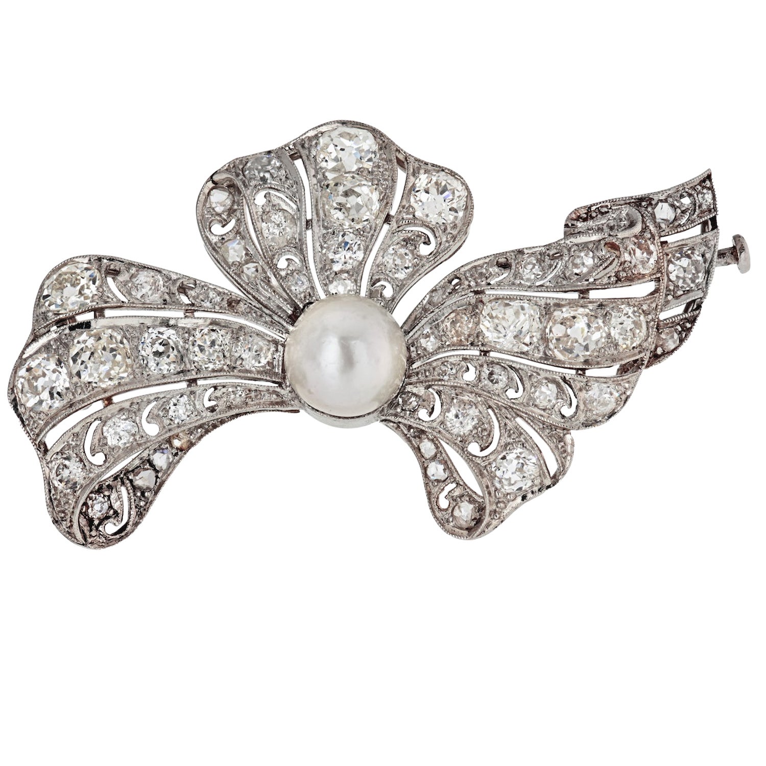 French Natural Pearl Diamond Bow Brooch For Sale at 1stDibs