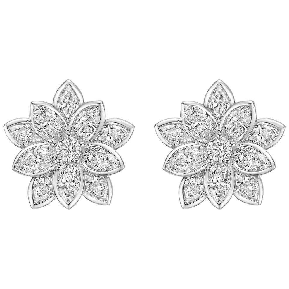 Lotus Flower Round Diamond Earrings in 18 Karat White Gold For Sale at ...