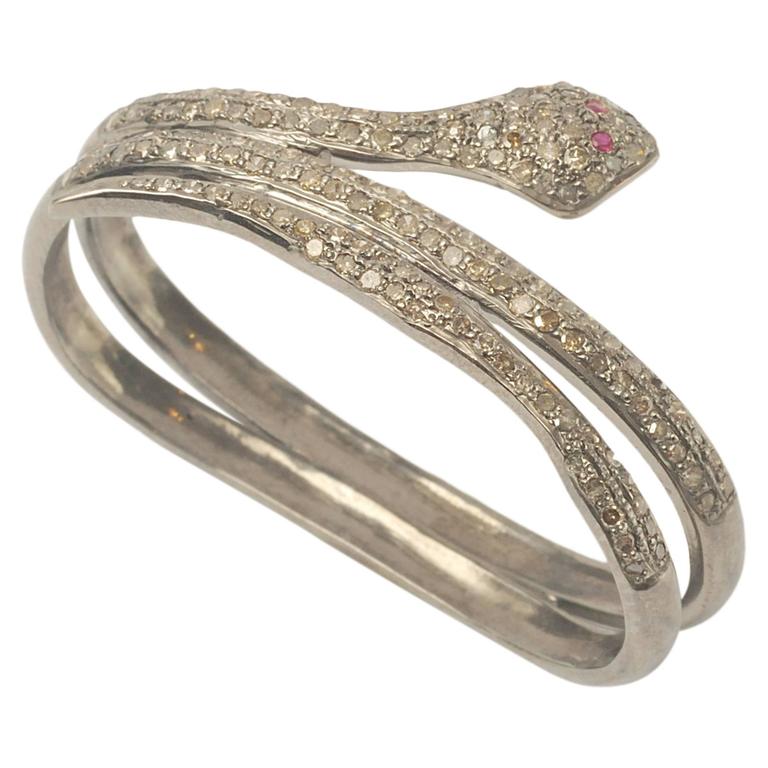 Two Finger Pave`-Set Diamond Sterling Silver Snake Ring with Ruby Eyes ...