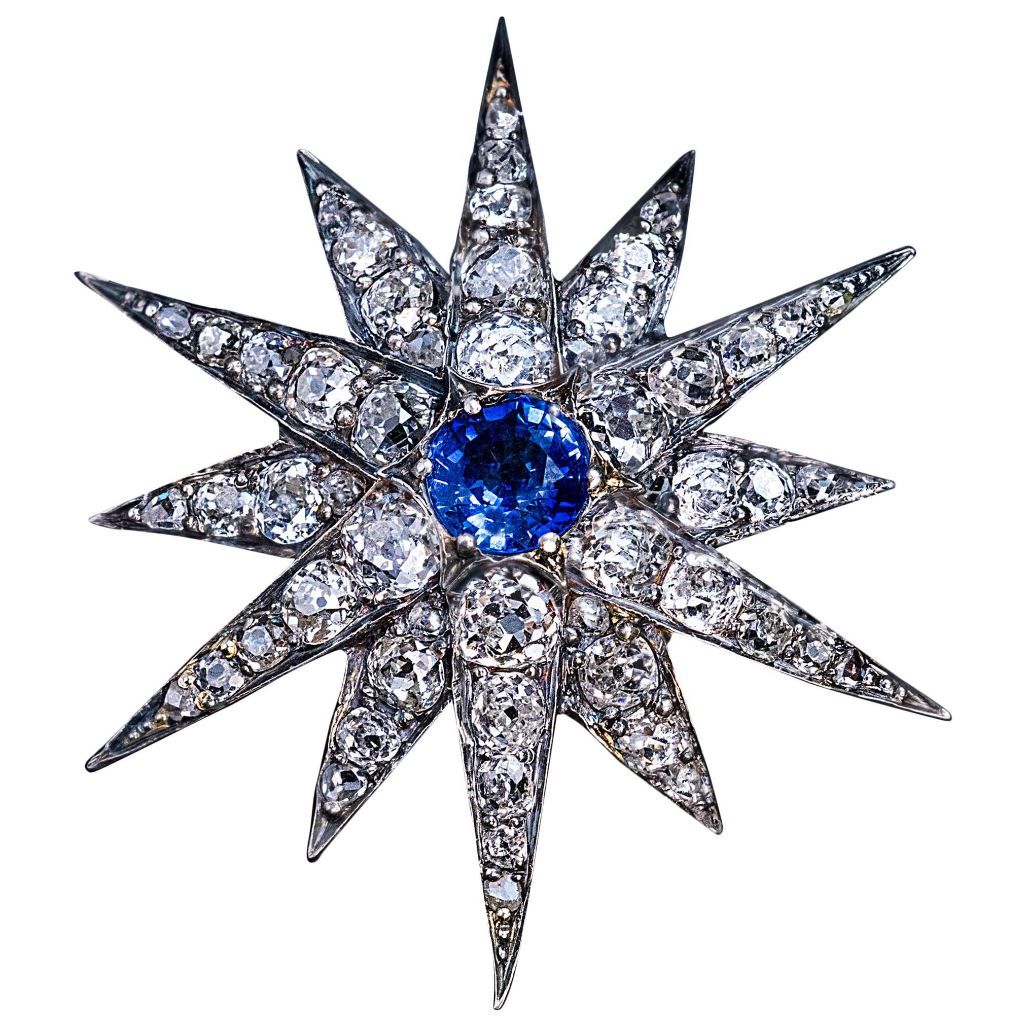 Antique Sapphire Diamond Silver Gold Star Shaped Brooch Pendant at ...