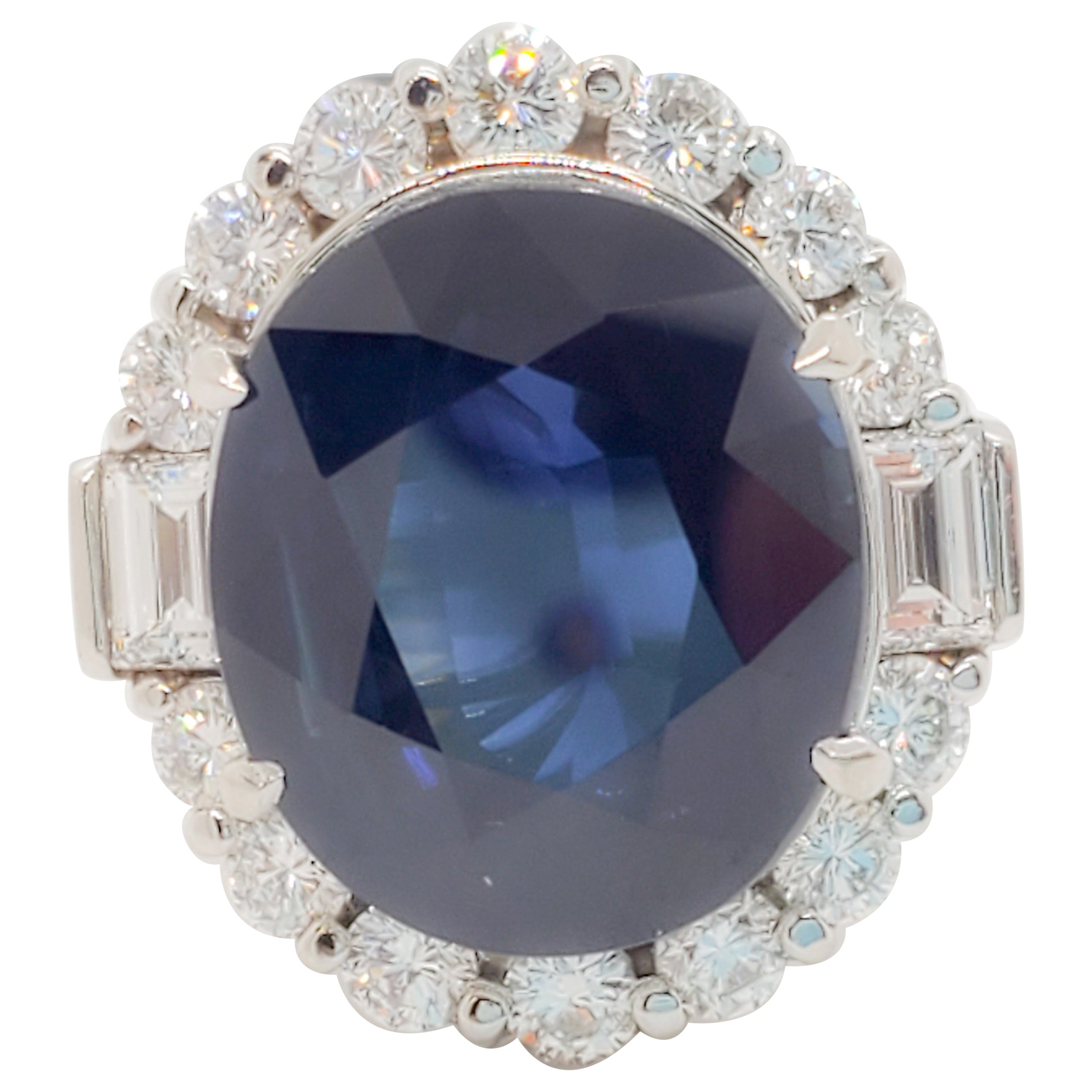 Blue Sapphire Oval Cocktail Ring with Round Rose-Cut Diamonds in ...