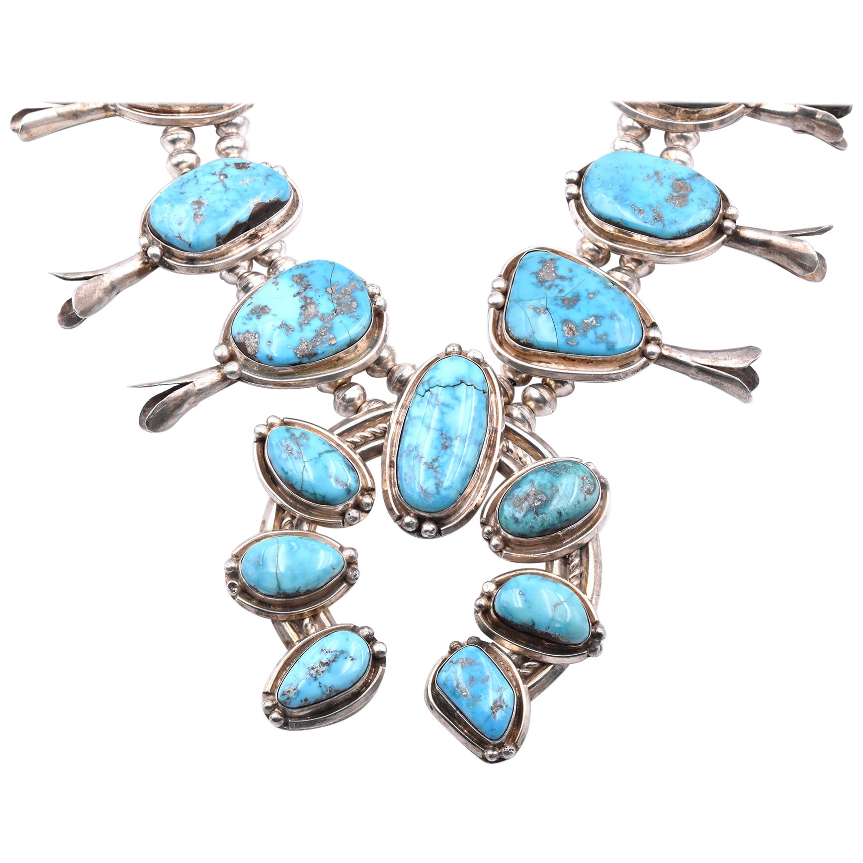 Navajo Native American Turquoise Sterling Silver Bead Necklace Vintage ...