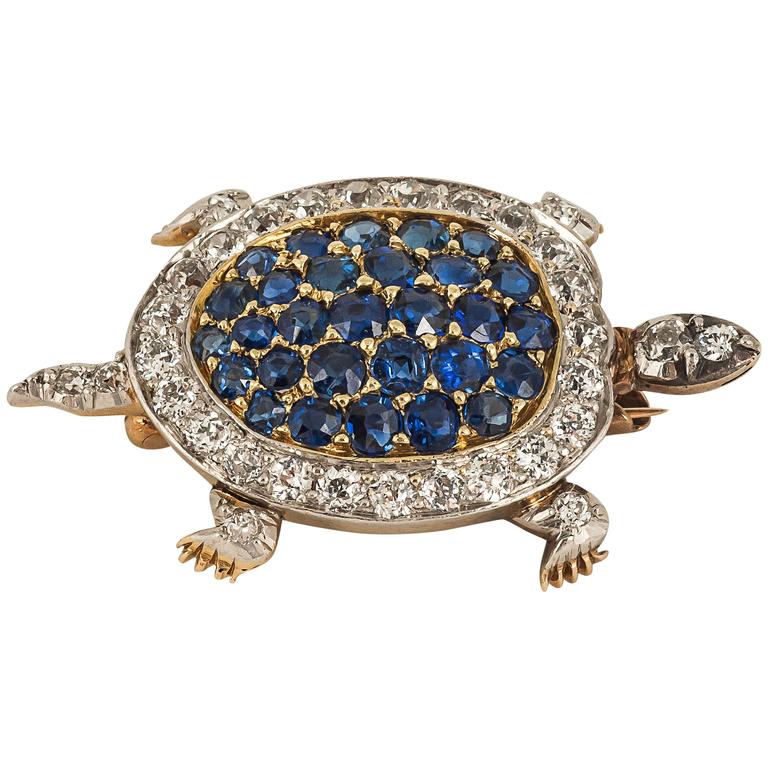 Ceylon sapphire diamond gold platinum Tortoise brooch at 1stDibs