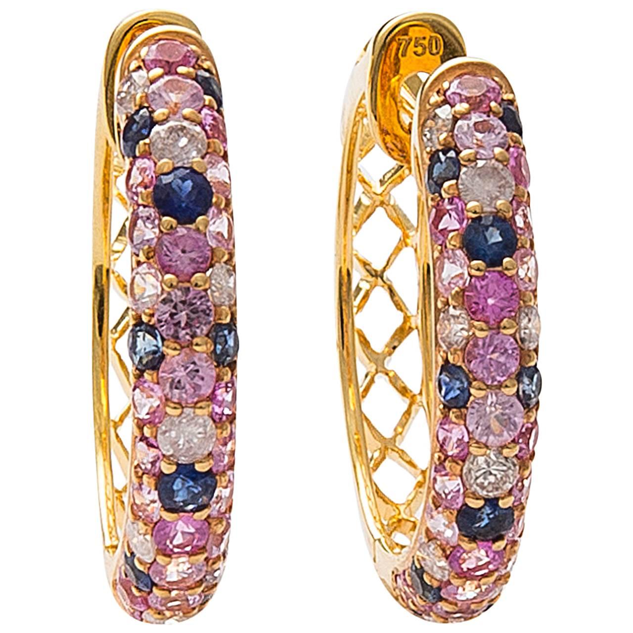 Multicolored Sapphires and Diamond Hoop Earrings at 1stDibs