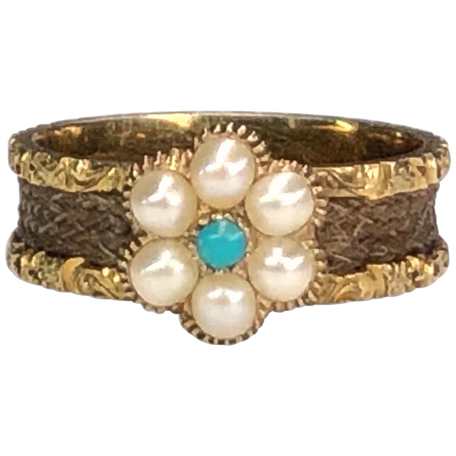 Victorian Natural Pearl Turquoise and Diamond Antique Ring at 1stDibs