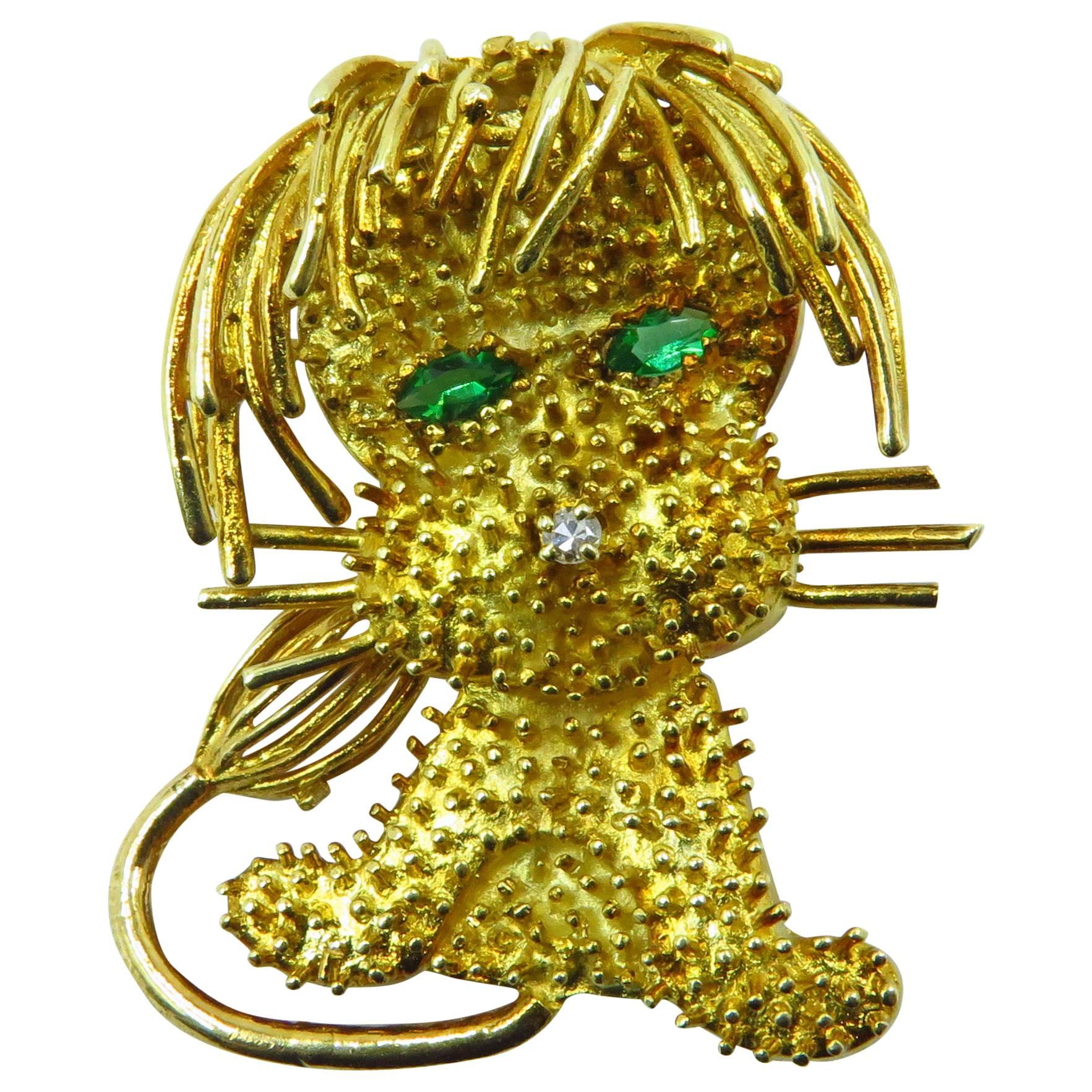 Adorable Gold Spiked Lion Pin With Emerald Eyes and Diamond Nose at 1stDibs
